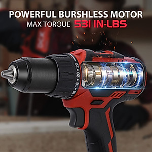 DCK Brushless Cordless Drill Set, 20V Max Electric Drill with 4.0Ah Battery 531in.lbs, 1/2Inch Keyless All-Metal Chuck, 2 Variable Speeds, Power Drill Kit for Screw Wood/Ceramic/Tile/Steel KDJZ04-13