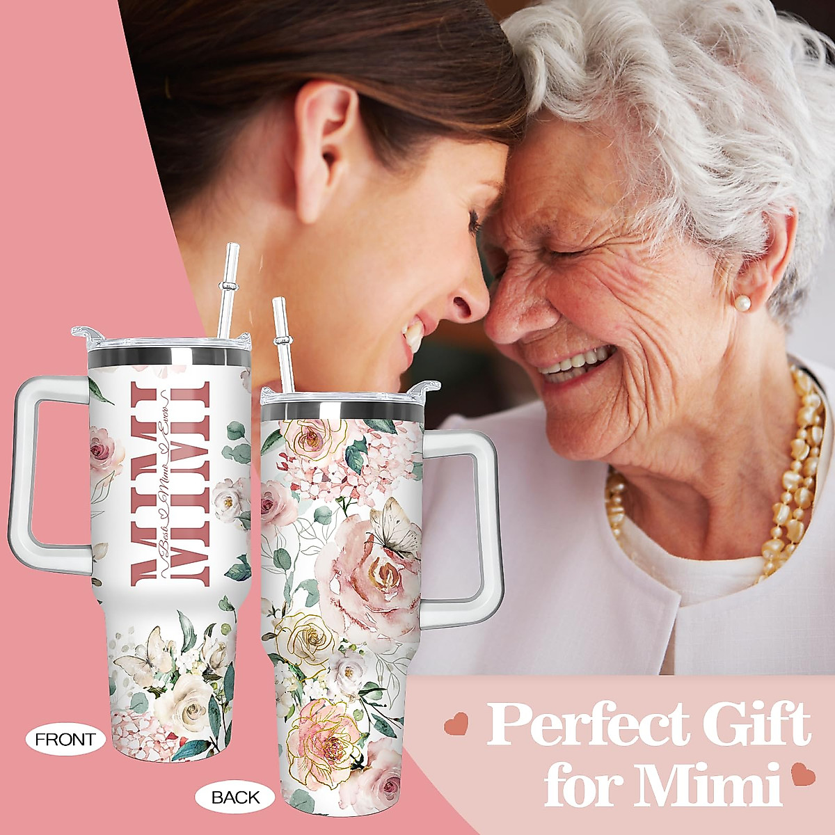 qoepfnsh Gifts for Mimi Grandmother Gift from Grandson Granddaughter on Birthday Mothers Day&Christmas 40 oz Tumblers with Handle and Straw Stainless Steel Insulated Travel Coffee Cup Mug