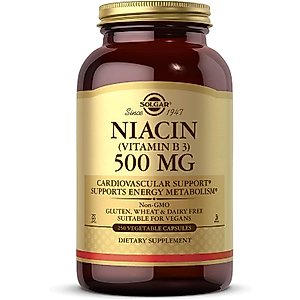 Solgar Niacin (Vitamin B3) 500 mg, 250 Vegetable Capsules - Cardiovascular Support - Energy Metabolism - Non-GMO, Vegan, Gluten Free, Dairy Free, Kosher - 250 Servings