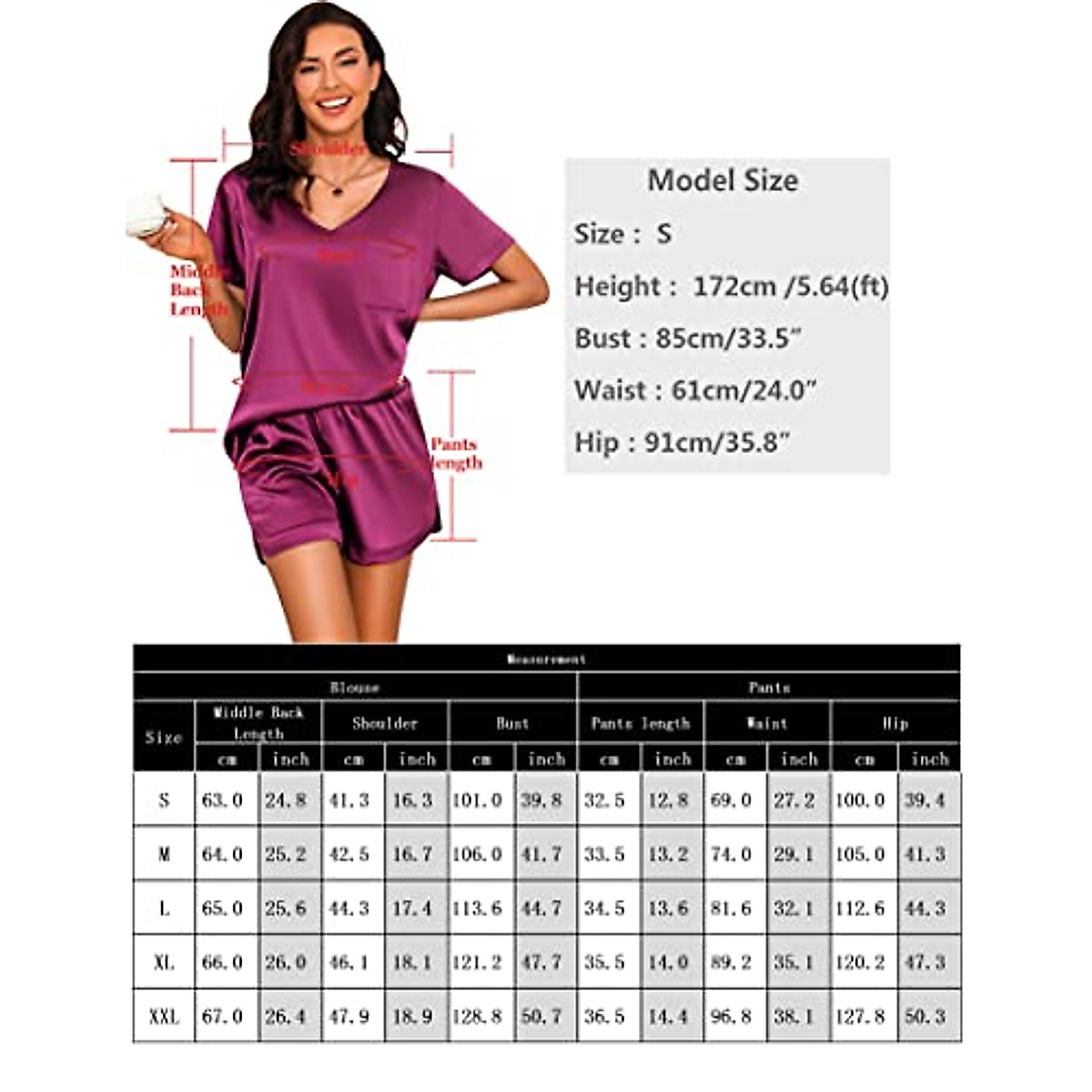 Litherday Satin Pajamas Two Piece Pj Sets Casual V Neck Short Sleeve Silk Tops and Shorts Sleepwear Silky Pjs Gift for Women Dark Purple X-Large