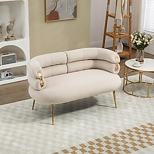 Loveseat Sofa Small Velvet Couch with Gold Metal Feet Modern Mini Settee Loveseat with Curved Back Comfy Accent Upholstered Cloud Sofa for Bedroom Small Spaces, 50'' Beige