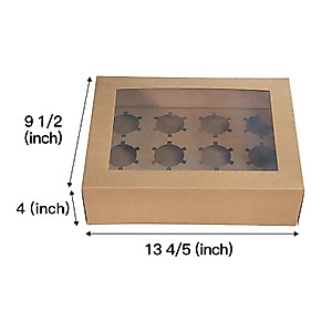 ONE MORE [20-Packs] Brown Cupcake Boxes 12 Holders, Cake Carrier Food Grade Kraft Pop-up Bakery Boxes 13.8 x 9.5 x 4inch with Inserts and PVC Windows Fits 12 Cavity Cupcake or Muffins Pack of 20