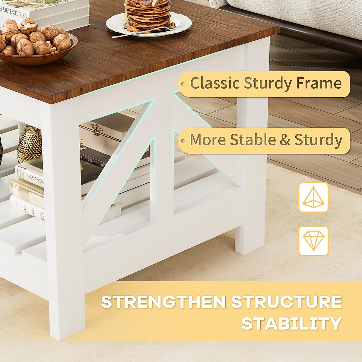 JUMMICO 39” Farmhouse Coffee Table for Living Room, 2-Tier Modern Living Room Table with Storage Shelf, Rustic Rectangular Center Table Space Saving Home Furniture (Rustic Brown & White)