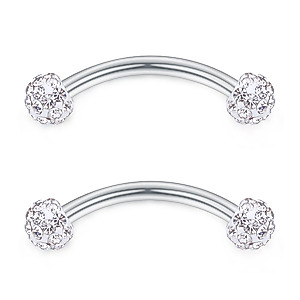 SCERRING 6PCS 16 Gauge 10mm Stainless Steel 3mm CZ Gems Shiny-Ball Curved Barbell Curved Barbell Eyebrow Cartilage Tragus Belly Lip Ring Studs - Silver