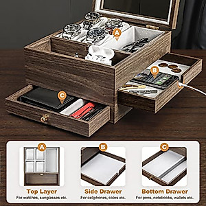 Homde Watch Box for Men Jewelry Organizer with Real Glass Watch Case for Ring, Bracelet, Watch, Necklace, Earrings, and Accessories