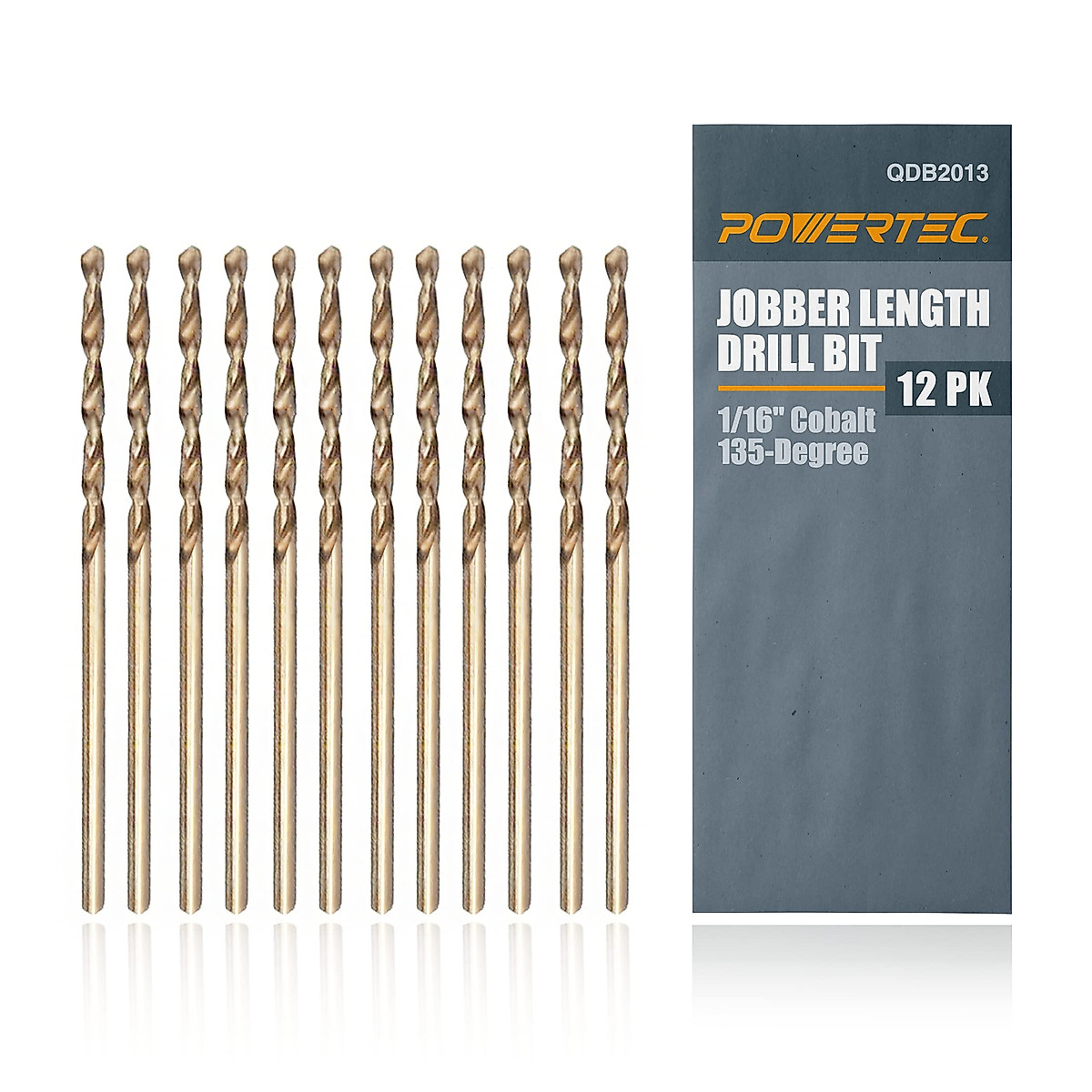 POWERTEC 1/16" Cobalt Drill Bits - 12 Pack - 1-3/4" Length - M35 HSS Jobber Length Twist Bits with 135° Tip for Drilling Wood, Metal, Stainless Steel, Nickel Alloy, Cast Iron & Plastic (QDB2013)