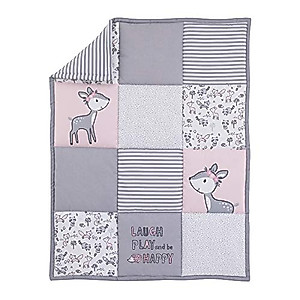 Little Love By Nojo Sweet Deer, Grey, Pink, White 3Piece Nursery Crib Bedding Set With Comforter, Fitted Crib Sheet, Dust Ruffle, Pink, Grey, White, Charcoal