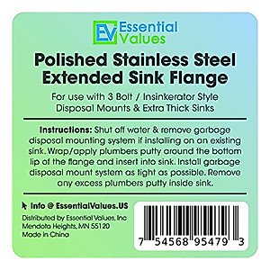 Essential Values Kitchen Extended Sink Flange, Deep Polished Stainless Steel Flange for Insinkerator Garbage Disposals and Other Disposers That Use A 3 Bolt Mount and A Thicker Sink