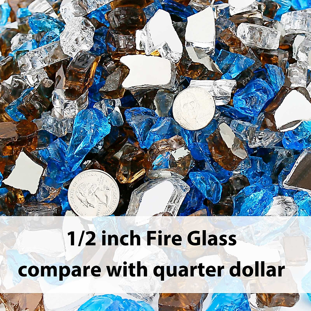 Grisun Fire Glass for Fire Pit, 1/2 Inch Mix 20 Pounds High Luster Reflective Tempered Glass Rocks for Natural or Propane Fireplace, Safe for Outdoors and Indoors Firepit Glass