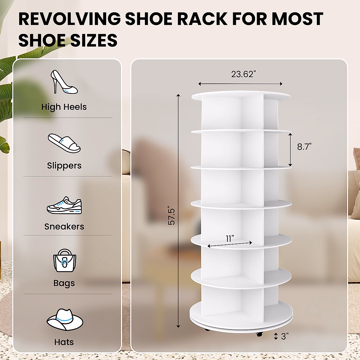 Gujiam 6-Tier Rotating Shoe Rack Tower 360 with Wheels, 57.5in Spinning Shoe Rack, Revolving Shoe Rack, Shoe Carousel Closet Organizer, Free Standing Shoe Rack for Entryway Living Room Hallway White