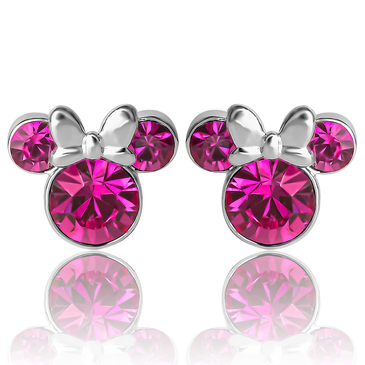 Disney Womens Minnie Mouse October Birthstone Stud Earrings - Minnie Mouse Brass Earrings - Disney Jewelry (October-Fuchsia Crystal)