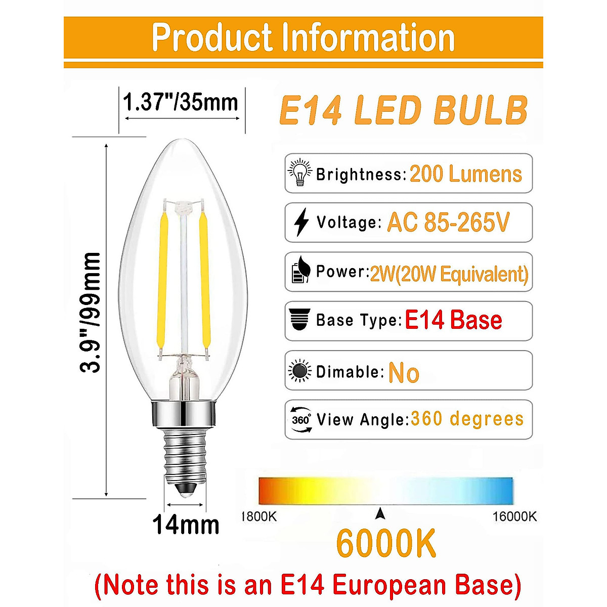 Lamsky E14 LED Filament Candle Shape Light Bulb,E14 European Base Bulb,Daylight 6000K 200LM 20W Equivalent,C35 Clear Glass Torpedo Shape Bullet Top,No-Dimmable (4-Pack)