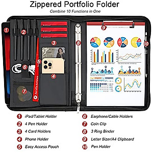 Portfolio Binder Organizer with Handle, 13.4 * 10 * 1.6 Inch Zippered Padfolio, Writing Pad Notepad Legal Size Detachable Business Folder Resume Interview Gift for Men Women (Gray)