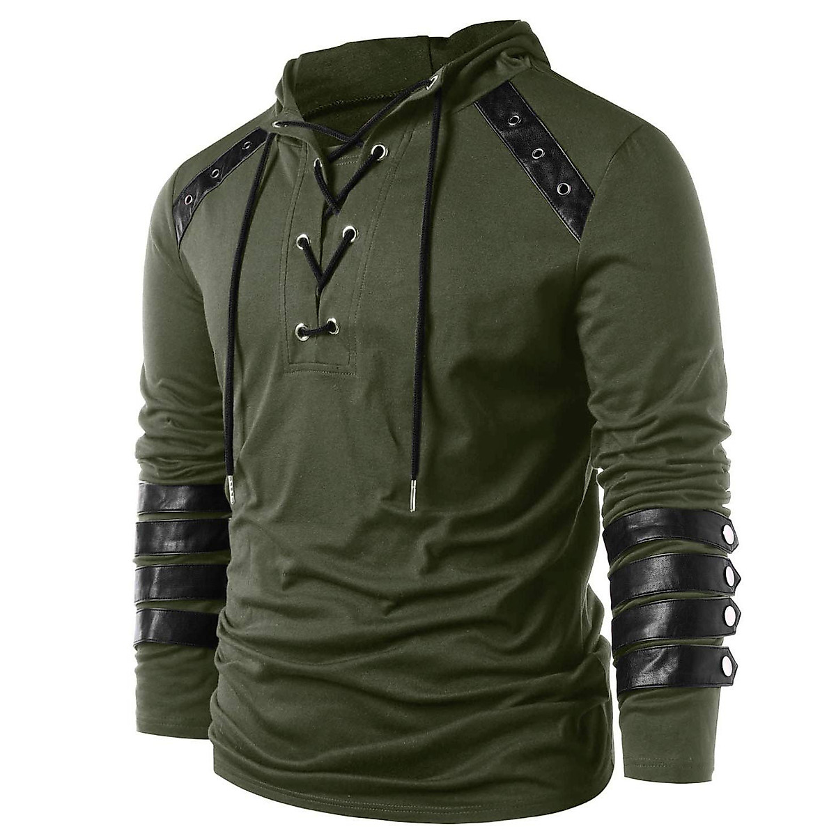 Men's Gothic Steampunk Shirts Sweatshirt Lace Up Long Sleeve Pullover Hooded Tee Tops Green