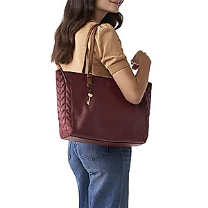 Fossil Women's Rachel Leather Tote Bag Purse Handbag, Wine w/ Quilted Gussets (Model: ZB1652609)