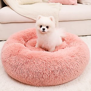 WAYIMPRESS Calming Dog Bed for Small Dog&Cat,Comfy Self Warming Round Dog Bed with Fluffy Faux Fur for Anti Anxiety and Cozy (20 x 20 Inch, Pink)