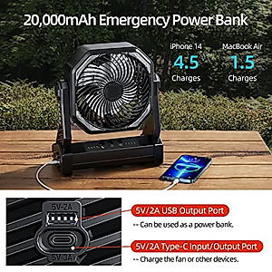 20000mah Remote Camping Fan With Light, Rechargeable Outdoor Tent Fan, Hanging Hook for Tent Travel Car Jobsite Outdoor Fishing Hurricane Worksite