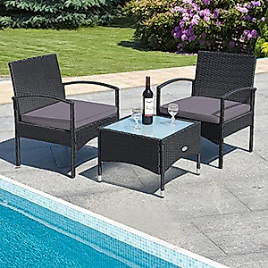 HAPPYGRILL 3 Pieces Patio Furniture Set Outdoor Conversation Set Rattan Wicker Bistro Set with Glass Coffee Table & Soft Cushions for Balcony Garden Poolside
