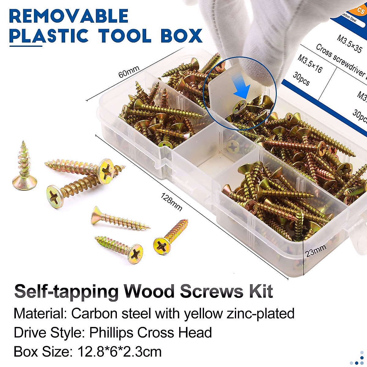 NINDEJIN Flat Head Wood Screws Assortment Kit, Phillips Drive Self Tapping Screws, M3.5 Small Wood Screws, Finish with Yellow Zinc Plated, 151 pcs Self-Tapping Screws Set with 1pcs Phillips Screw Bit