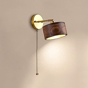 VUCICA Modern Simple Wall Lamp Adjustable Bedside Wall Sconce Walnut Wall Light with Pull Cord Switch E27 Lighting Fixture for Living Room Study Office Homestay