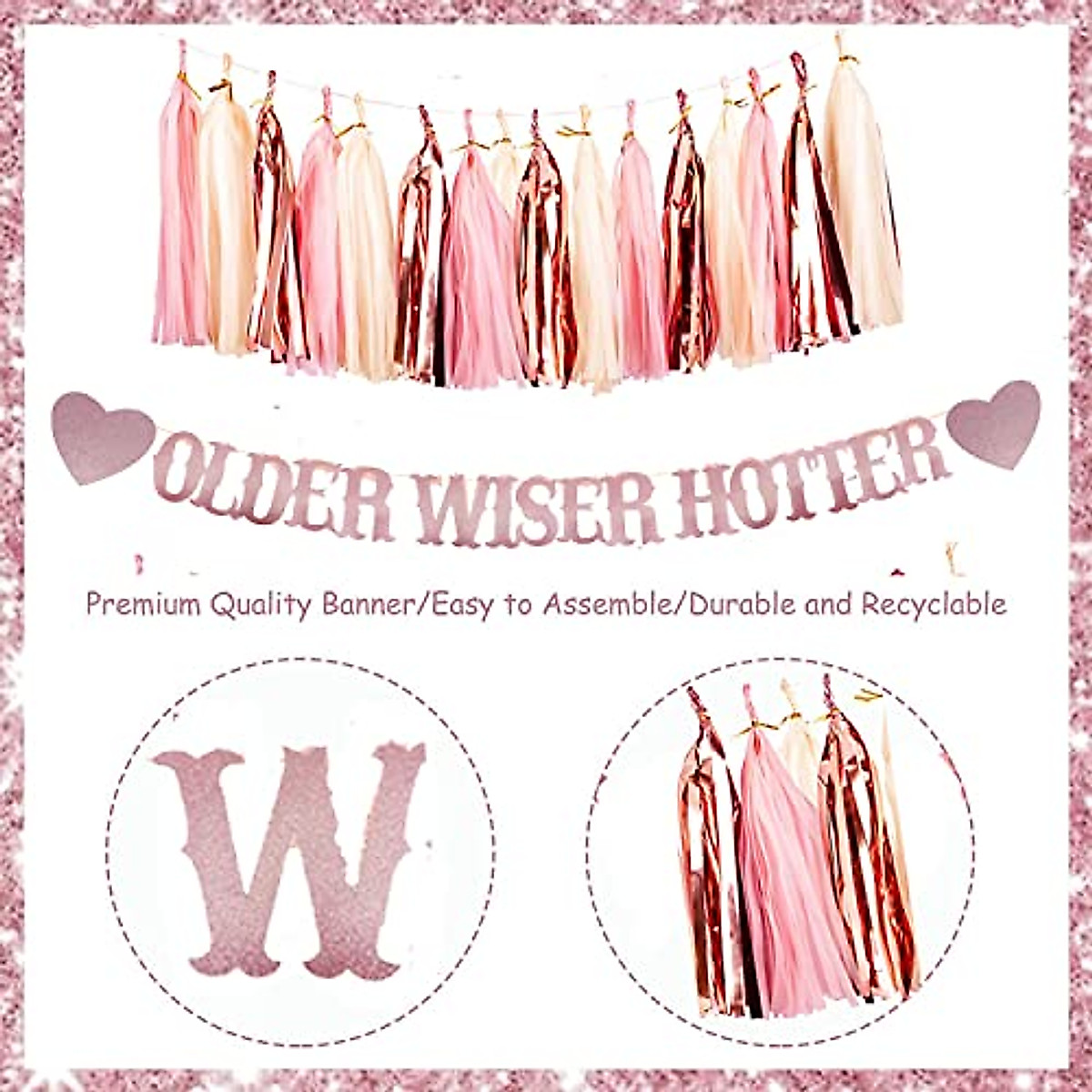 Rose Gold Older Wiser Hotter Decorations, Glitter Funny Birthday Banner and Tissue Paper Tassels Garland for Girls Women Birthday Party Decorations