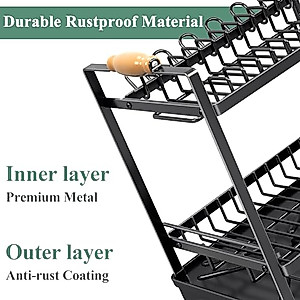Dish Drying Rack for Kitchen Counter - 2 Tier Dish Rack with Drainboard, Stainless Steel Large Dish Drainers, Black