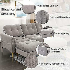 BIADNBZ 111" Modern Convertible Sectional Sofa with Movable Ottoman,U-Shaped Velvet Upholstered Couch with Chaise Lounge for Living Room,Apartment,Office,Light Gray