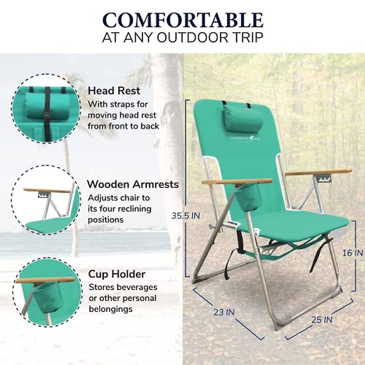 Caribbean Joe Folding Beach Chair, 4 Position Portable Backpack Foldable Camping Chair with Headrest, Cup Holder, and Wooden Armrests, Teal