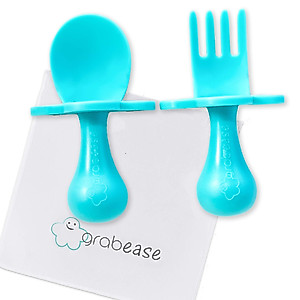 Grabease Bundle of Baby Utensils Set of Fork and Spoon with Suction Baby Bowl for Toddlers for Baby Led Weaning (Teal)