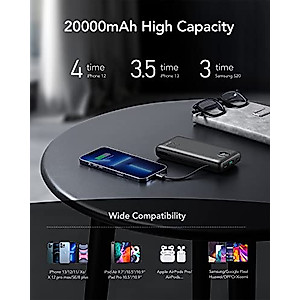 Portable Power Bank 20000mAh,VRURC 22.5W USB Port Fast Charging Portable Charger,Built-in AC Wall Plug, Micro&USB C Cables,4 Output Dual Input LED Display Integrated External Battery For Smart Devices