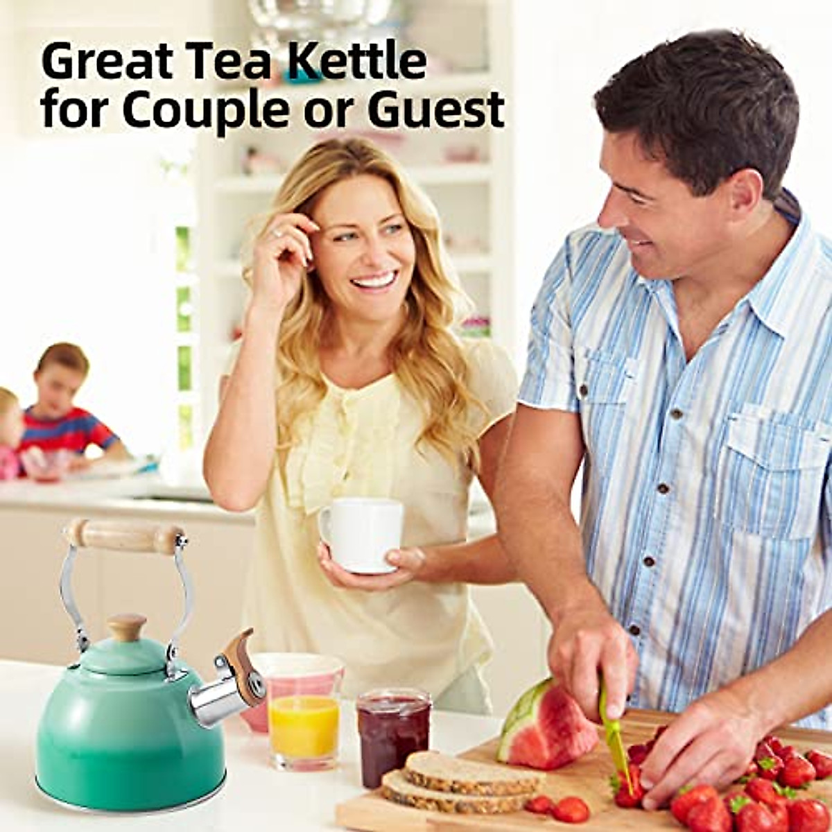 ROCKURWOK Whistling Tea Kettles, 1.6 QT/50 OZ, Small Tea Kettle, Universal Base for Induction, Gas, Electric, Halogen, Radiant, Wooden Handle for Cool Touch,Gradient Green