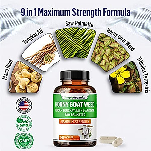 Simple Organica Horny Goat Weed for Men and Women - 120 Capsules, with Maca Root, Tongkat Ali, Saw Palmetto, L-Arginine. Energy, Stamina, Strength, Endurance, Joint Health - Non-GMO Formula