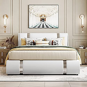 Queen Size Upholstered Bed with Hydraulic Storage, Lift Up Storage Faux Leather Bed with Headboard, Wood Platform Bed Frame for Teens& Adults, Bedroom, No Box Spring Needed, White