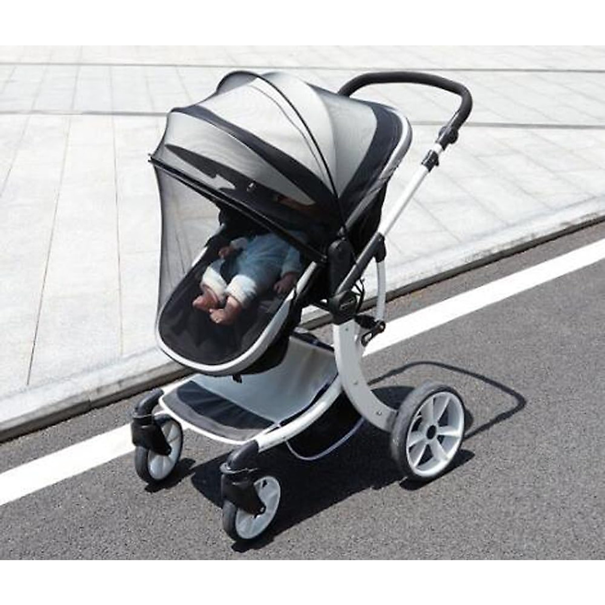 2 in 1 Net Baby Stroller Sun Shades with Zipper Window, Universal Mesh Travel Breathable See Through Outdoor Walking Beach Parasol Windproof Protective Cover for Seats, Bassinets and Carriers