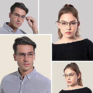 HIGHLIKE 4-Pack Blue Light Reading Glasses for Men, Metal Half Frame Readers Spring Hinge Clear Lens Eyeglasses with Pouches, Semi Rimless 2 Black 2 Gunmetal 2.0 x
