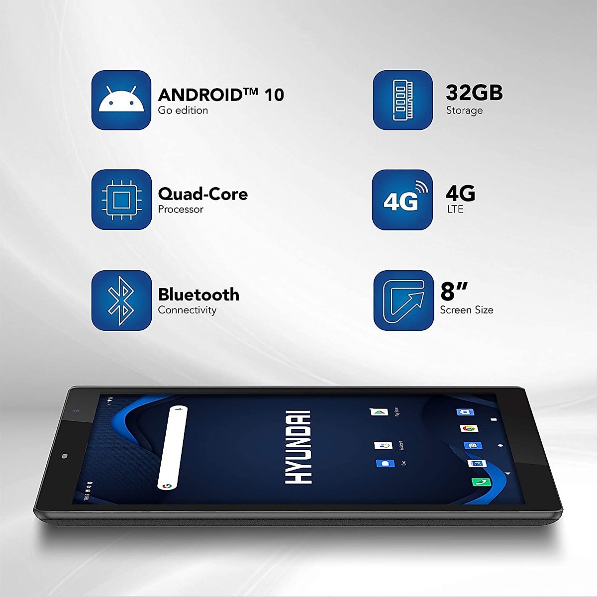 Hyundai HyTab Plus Tablet 8LB1 8" FHD Android Tablet IPS Display, Quad-Core Processor, Camera, WiFi & LTE,32GB Storage,2GB RAM Android 10 Go Edition - Black