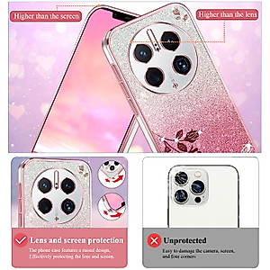 Yarxiawin for Huawei Mate 50 Pro Case Clear Glitter Sparkle Aesthetic Huawei Mate 50 Pro Phone Case Silicone Soft Flower Transparent Shockproof Cover Purple Slim (Pink)