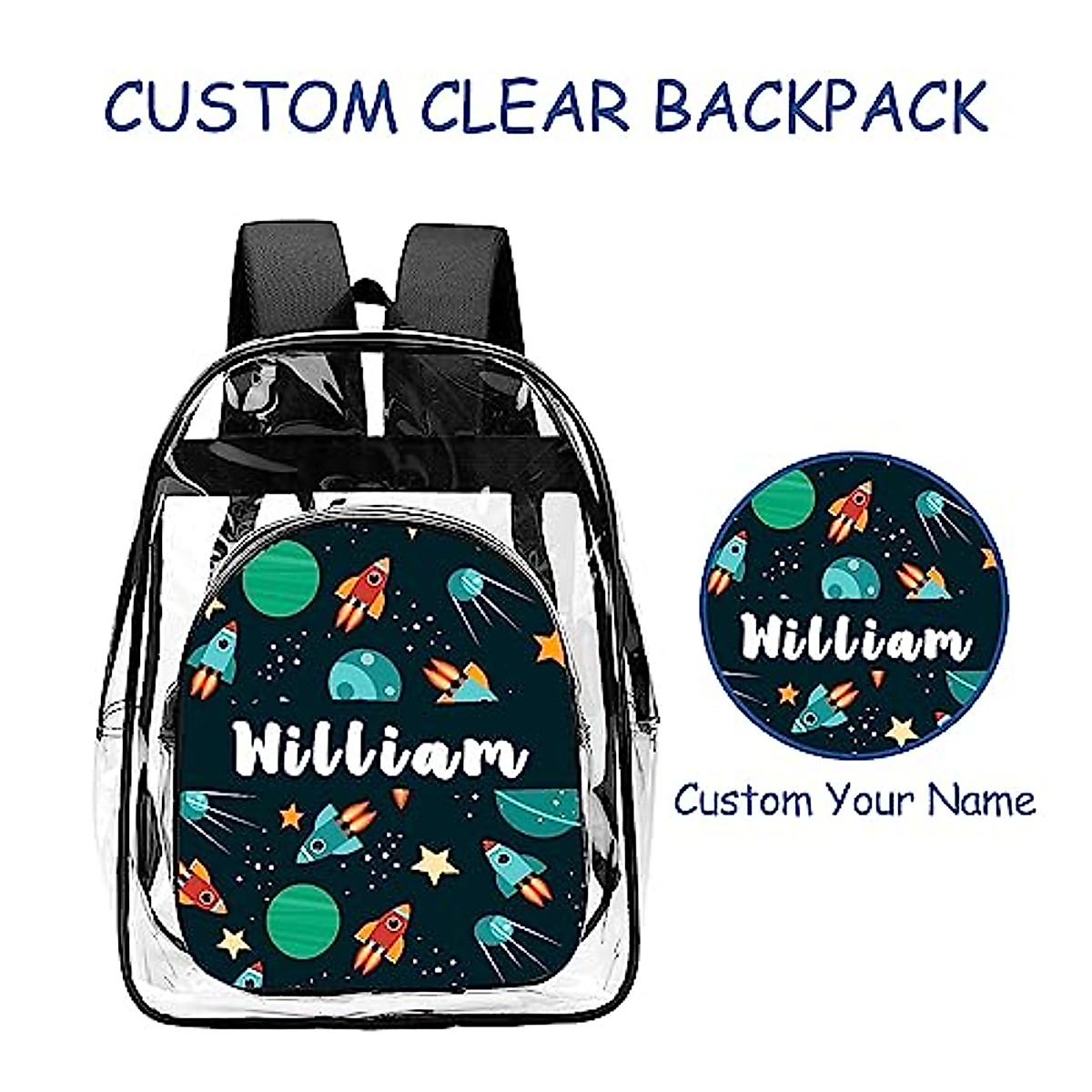 Ecautly Personalized Clear Backpack for Boys, Custom Rocket Pattern Clear Backpack with Name, PVC See Through Transparent for Boys School Waterproof Backpack, Back to School Gifts for Boys Kids