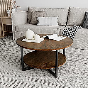 LEEMTORIG 33.5" Round Coffee Table with Storage, Farmhouse Coffee Table for Living Room, Solid Wood Circle Center Table, Rustic Brown Wood Tabletop & Metal Frame, KFZ-1338-NC
