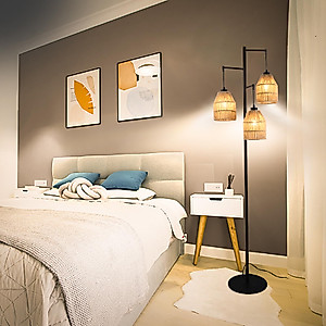 Rattan Floor Lamp for Living Room Bedroom 3-Lights Boho Tree Floor Lamps Modern Black Standing Lamp,Woven Hemp Rope Wicker 68"Tall Floor Light with Rotatable Farmhouse Foot Switch Rattan Tall Lamp