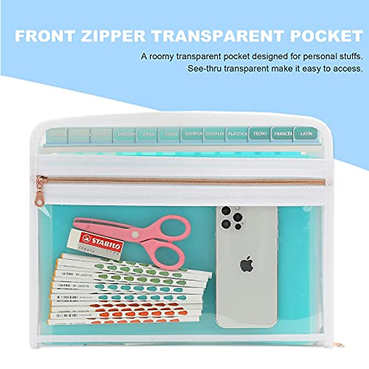 CCidea Expanding File Folder with 13 Pocket, Zipper Closure Accordion Document Organizer,Letter A4 Paper Document Accordion Folder（Green）