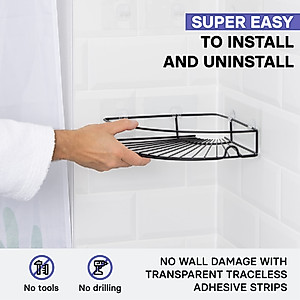 KINCMAX Corner Shower Caddy, Rustproof SUS304 Stainless Steel, Adhesive Wall Mount Double Baskets 2-pack with Built-in Towel Bar (Matte Black)