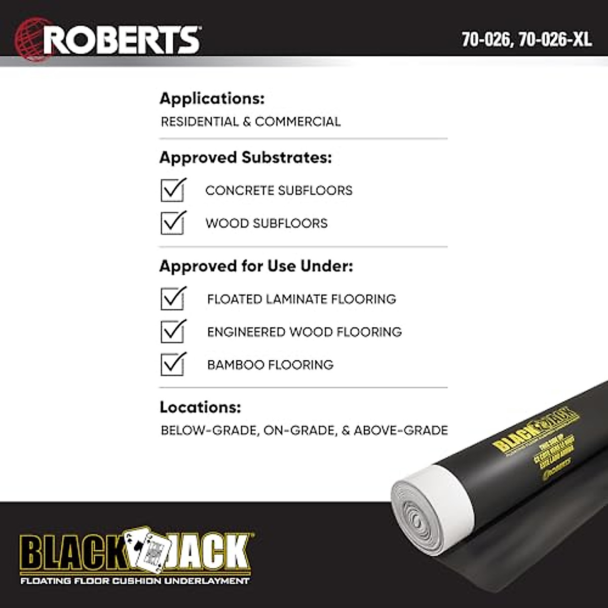 ROBERTS Black Jack Underlayment - 100 sq. ft. Roll - 43" x 28' x 2.5 mm
