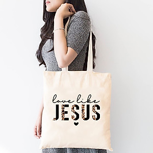 Women's Love Like Jesus Half Leopard Black Canvas Tote Bag Funny Bible Quotes Christian Reusable Shopping Bag