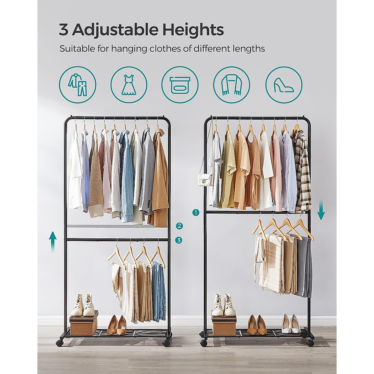 SONGMICS Clothes Rack with Wheels, 35.8 Inch Double-Rod Garment Rack, Clothing Rack for Hanging Clothes, with Dense Mesh Storage Shelf, 44 lb Load Capacity, 2 Brakes, Steel Frame, Black UHSR027B01