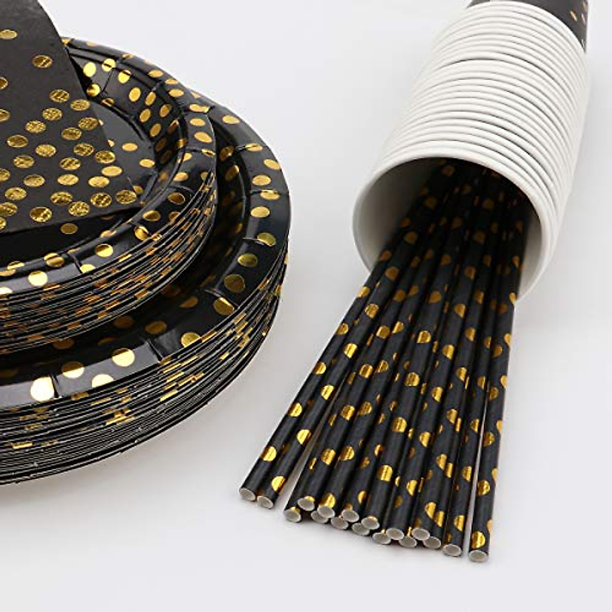 24 Guests Black and Gold Party Supplies Disposable Party Plates Tableware Cups Napkins Straws Table Cloth for 18th 50th 70th Birthday Party 1920s Cocktail Halloween Plates Gold Dot Black Paper Plates