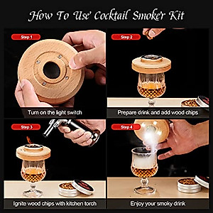 2023 New Cocktail Smoker Kit with Torch with 4 Wood Chips Flavors, Old Fashioned Drink Smoker with Light Up LED Coaster, Infuse Cocktails, Wine, Whiskey, Cheese, Salad, Meats, Whiskey Gifts for Men Women (No Butane)