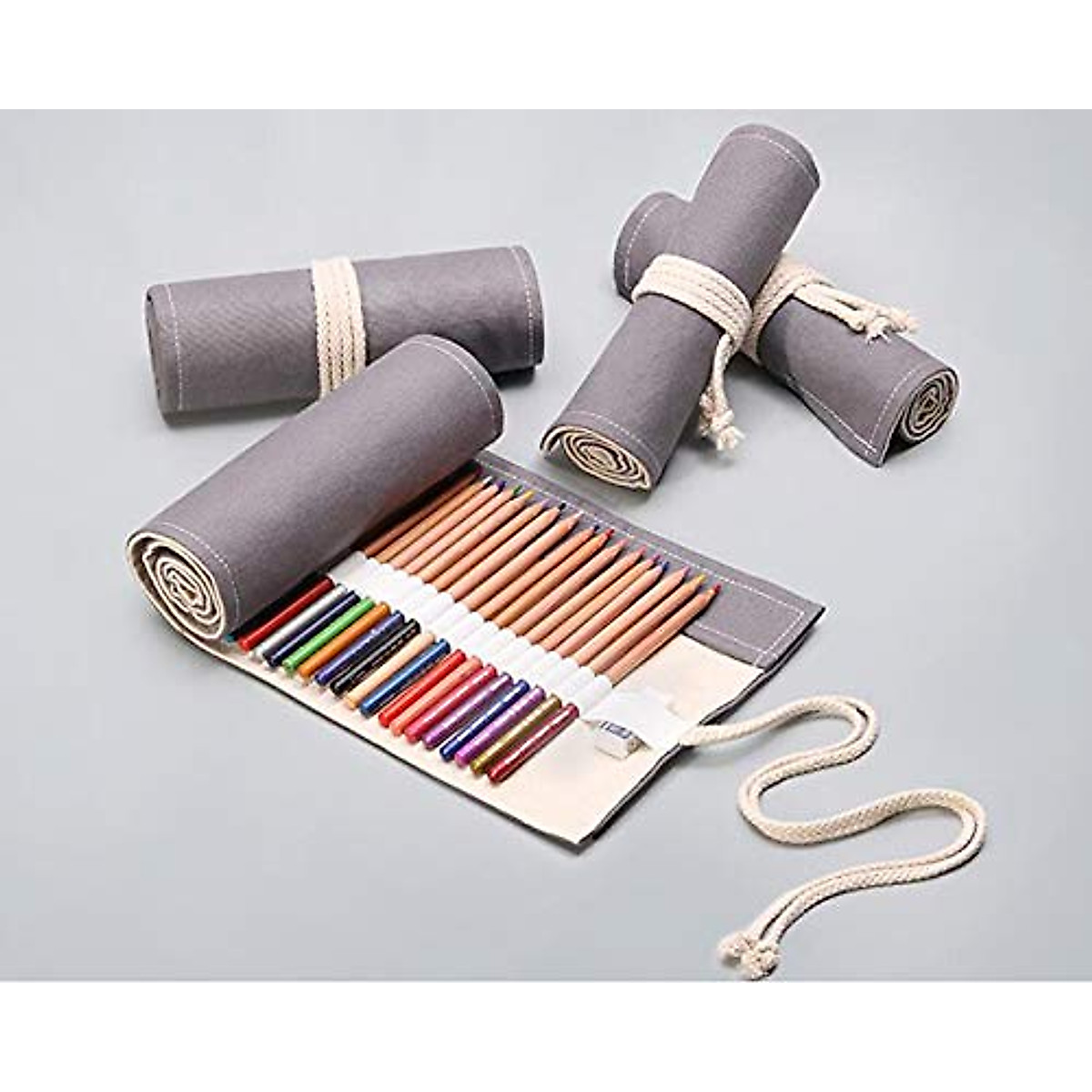 DZHJKIO Handmade Canvas Pencil Roll Wrap 36 Holes, Multiuse Roll Up Pencil Case Large Capacity Pen Curtain for Coloring Pencil Holder Organizer, Grey