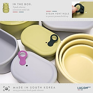 Lagomian Made in Korea, Set of 3 Nesting Hard-Shell Silicone Food Storage Containers | BPA Free, Airtight, Microwave, Dishwasher, Freezer Safe - Bento Lunch Box (Olive)