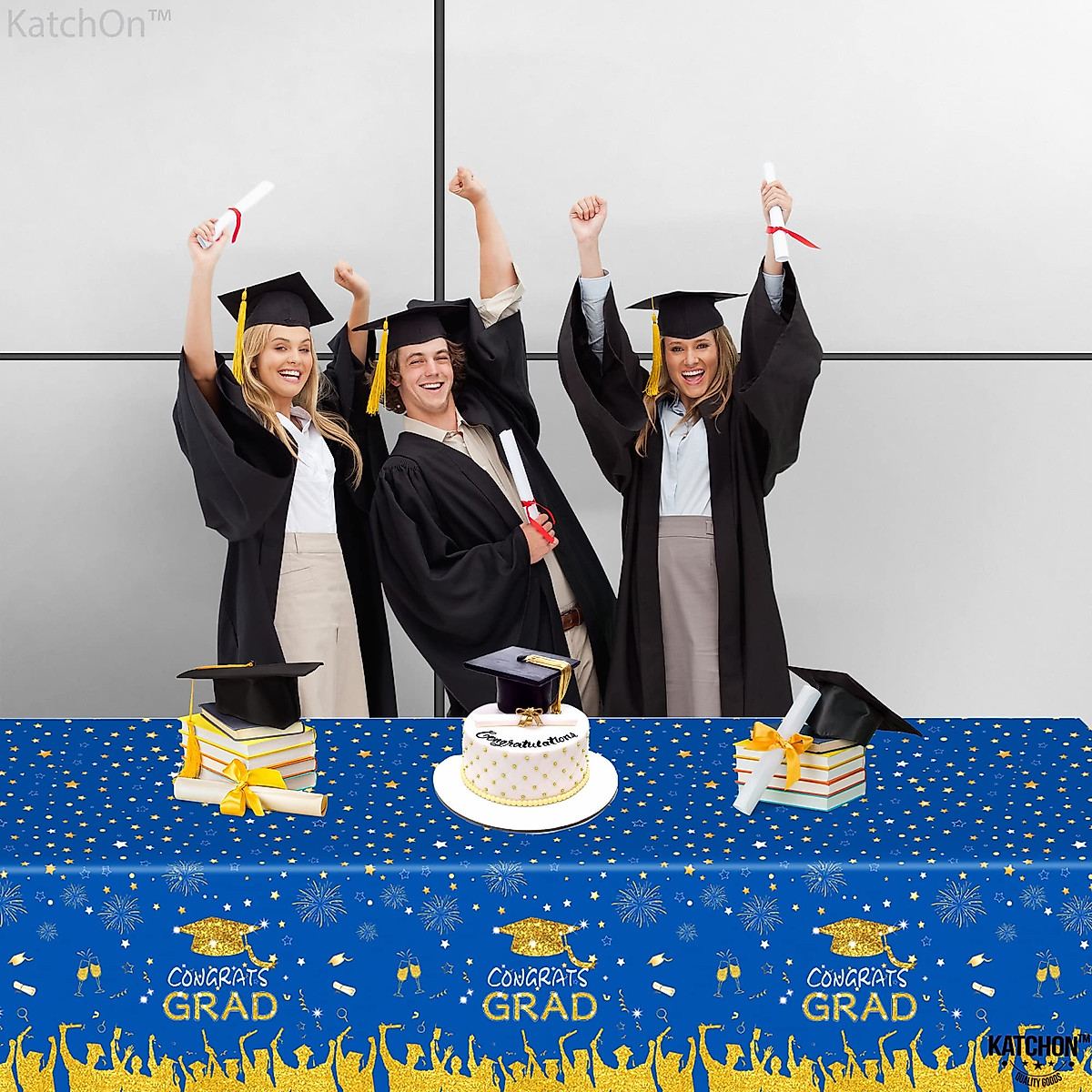 KatchOn, Blue and Gold Graduation Tablecloth - XtraLarge 108x54 Inch, Pack of 3 | Congrats Grad Tablecloth, 2024 Graduation Party Decorations | Blue and Gold Graduation Decorations Class of 2024